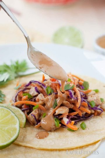 Slow Cooker Thai Chicken Tacos with Peanut Sauce