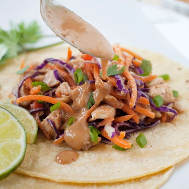 Slow Cooker Thai Chicken Tacos with Peanut Sauce