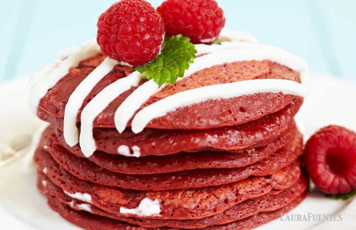Easy Red Velvet Pancakes with Drizzle | Laura Fuentes