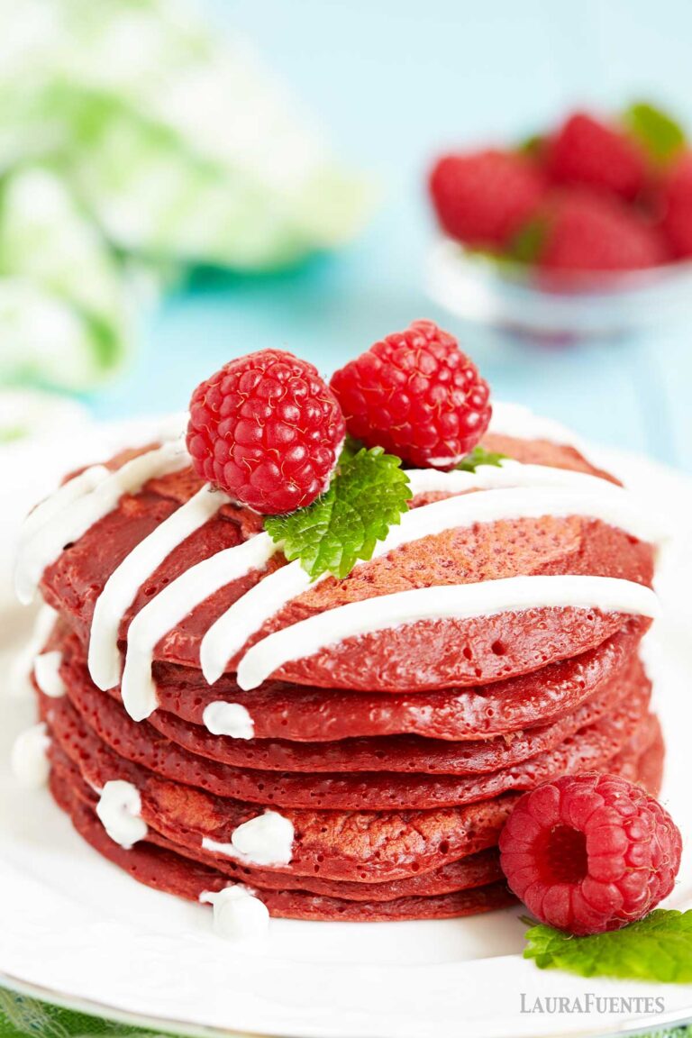 Easy Red Velvet Pancakes with Drizzle | Laura Fuentes